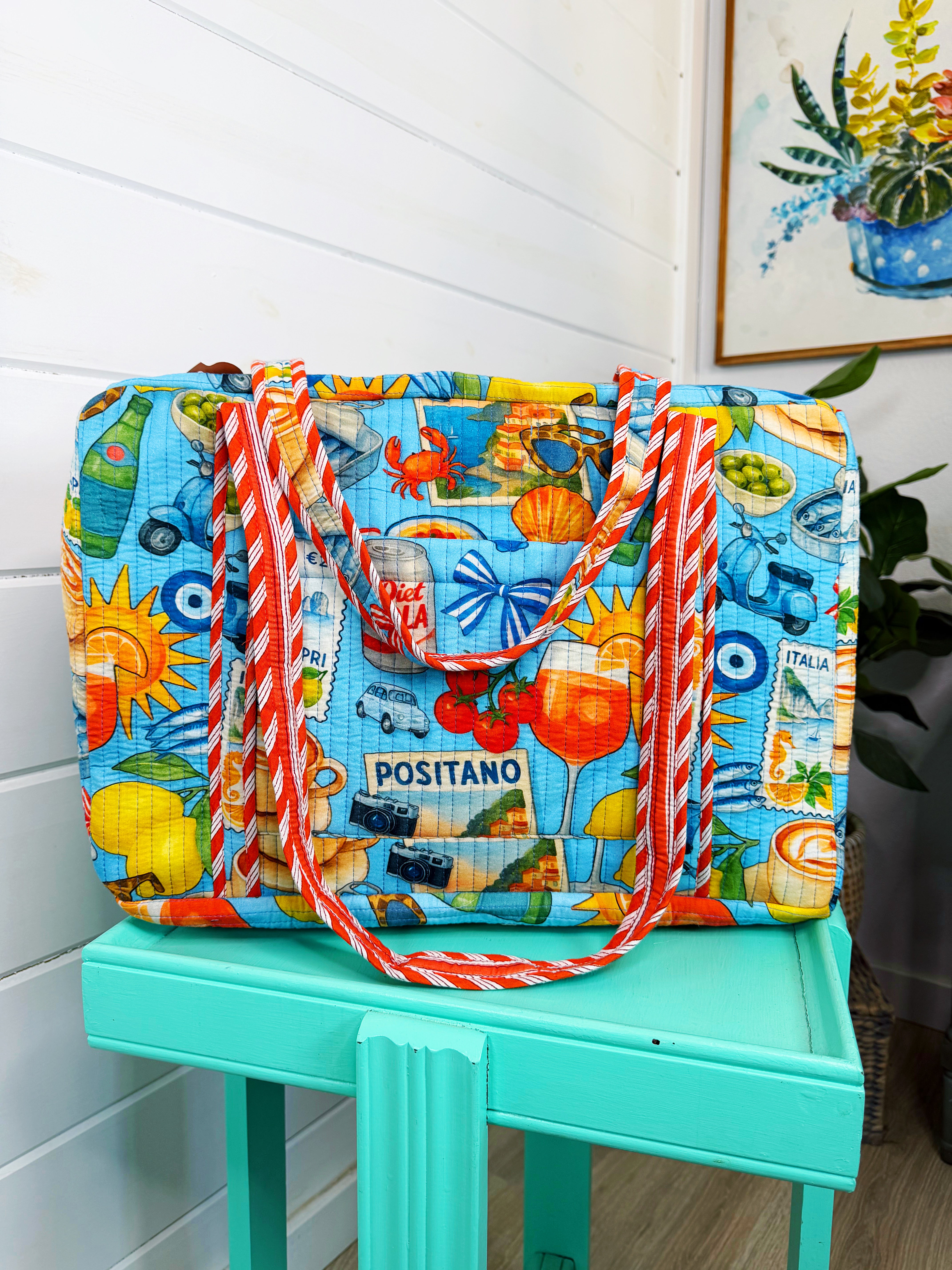 Quilted Weekender Duffle Overnight Bag - Blue Italian Getaway ...